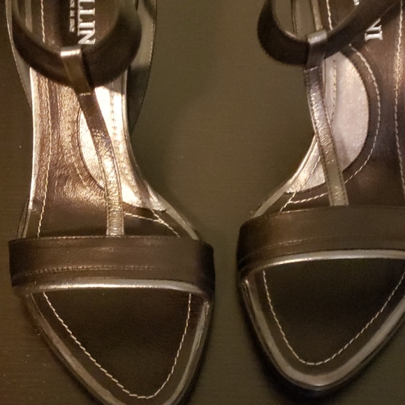 Pollini | Shoes | Pollini Black And Silver Tstrap Heels | Poshmark